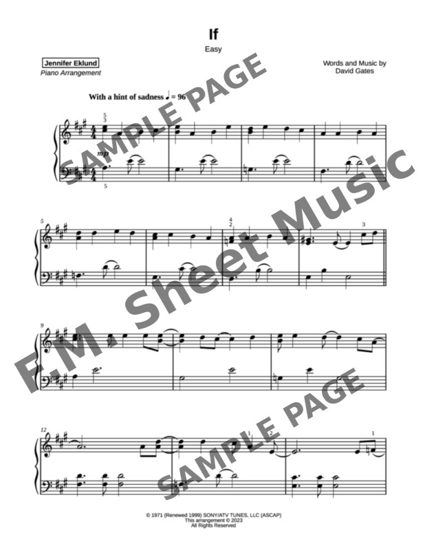 If (Easy Piano) By Bread - F.M. Sheet Music - Pop Arrangements by Jennifer Eklund